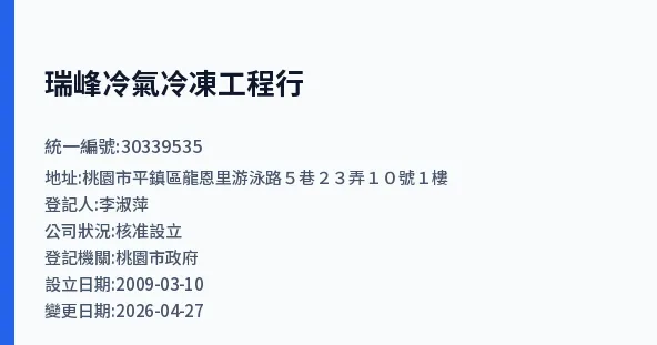 瑞峰冷氣冷凍工程行的照片-統編 30339535(桃園市) 公司登記資料與營業項目詳細圖表