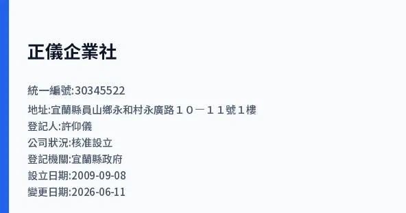 正儀企業社的照片-統編 30345522(宜蘭縣) 公司登記資料與營業項目詳細圖表
