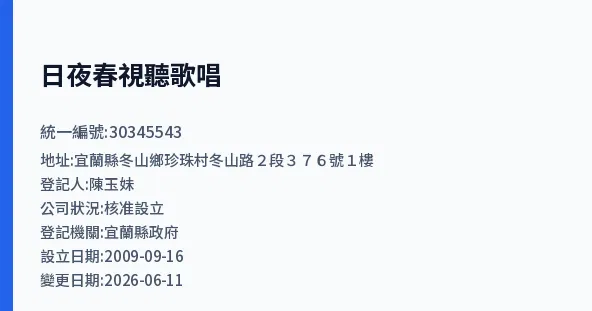 日夜春視聽歌唱的照片-統編 30345543(宜蘭縣) 公司登記資料與營業項目詳細圖表