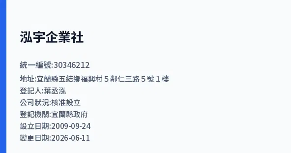 泓宇企業社的照片-統編 30346212(宜蘭縣) 公司登記資料與營業項目詳細圖表
