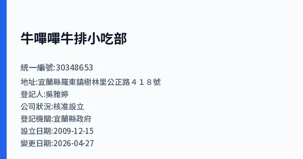 牛嗶嗶牛排小吃部的照片-統編 30348653(宜蘭縣) 公司登記資料與營業項目詳細圖表
