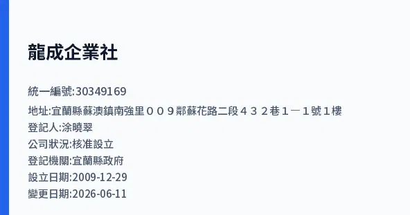 龍成企業社的照片-統編 30349169(宜蘭縣) 公司登記資料與營業項目詳細圖表