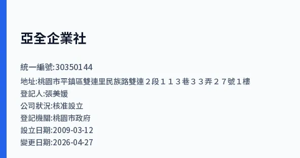 亞全企業社的照片-統編 30350144(桃園市) 公司登記資料與營業項目詳細圖表