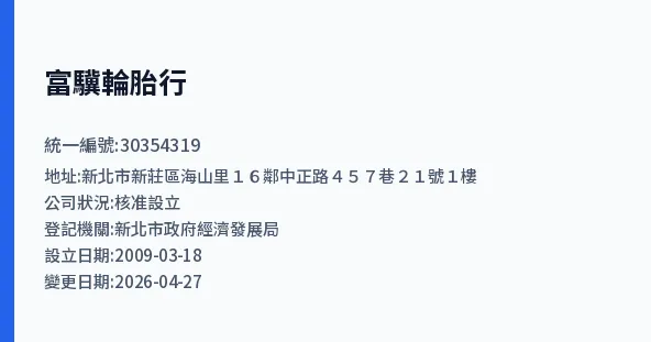 富驥輪胎行的照片-統編 30354319(新北市) 公司登記資料與營業項目詳細圖表