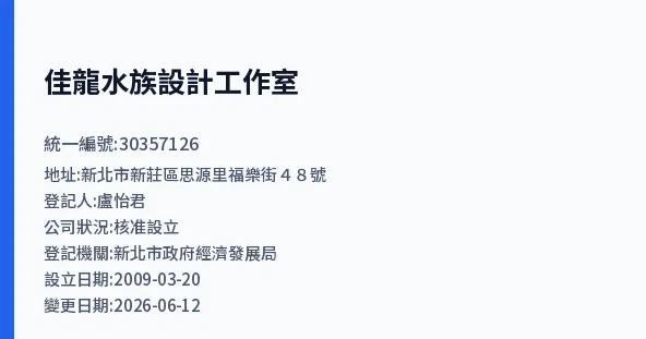 佳龍水族設計工作室的照片-統編 30357126(新北市) 公司登記資料與營業項目詳細圖表