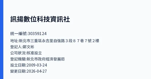 訊揚數位科技資訊社的照片-統編 30359124(新北市) 公司登記資料與營業項目詳細圖表