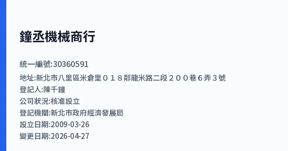 鐘丞機械商行的照片-統編 30360591(新北市) 公司登記資料與營業項目詳細圖表