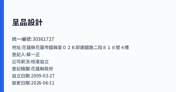 呈品設計的照片-統編 30361727(花蓮縣) 公司登記資料與營業項目詳細圖表