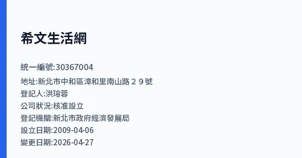 希文生活網的照片-統編 30367004(新北市) 公司登記資料與營業項目詳細圖表