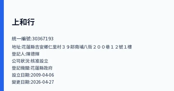 上和行的照片-統編 30367193(花蓮縣) 公司登記資料與營業項目詳細圖表