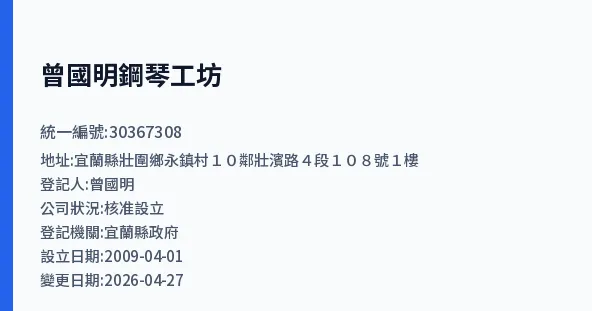 曾國明鋼琴工坊的照片-統編 30367308(宜蘭縣) 公司登記資料與營業項目詳細圖表