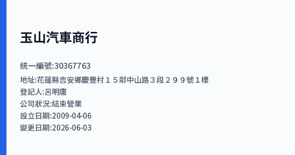 玉山汽車商行的照片-統編 30367763(花蓮縣) 公司登記資料與營業項目詳細圖表