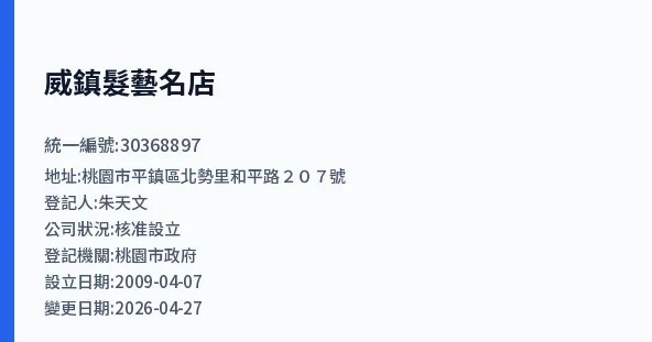 威鎮髮藝名店的照片-統編 30368897(桃園市) 公司登記資料與營業項目詳細圖表