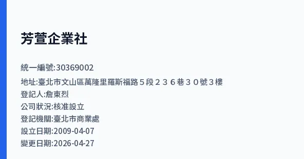 芳萱企業社的照片-統編 30369002(臺北市) 公司登記資料與營業項目詳細圖表