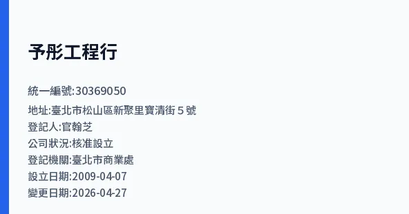 予彤工程行的照片-統編 30369050(臺北市) 公司登記資料與營業項目詳細圖表