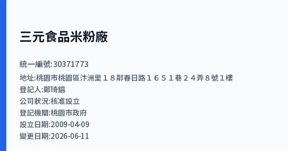 三元食品米粉廠的照片-統編 30371773(桃園市) 公司登記資料與營業項目詳細圖表