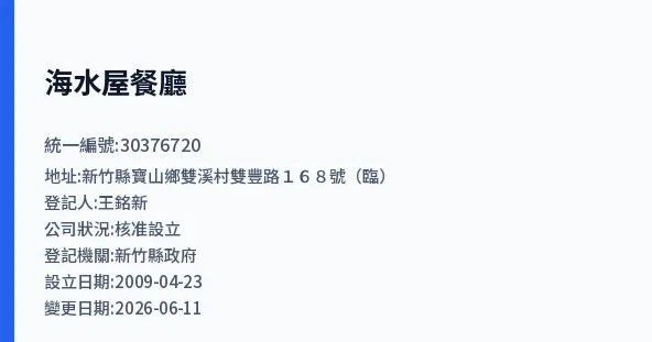 海水屋餐廳的照片-統編 30376720(新竹縣) 公司登記資料與營業項目詳細圖表