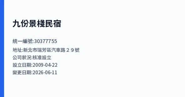 九份景棧民宿的照片-統編 30377755(新北市) 公司登記資料與營業項目詳細圖表