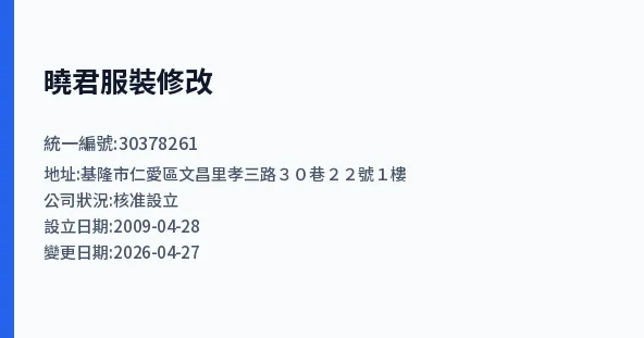 曉君服裝修改的照片-統編 30378261(基隆市) 公司登記資料與營業項目詳細圖表