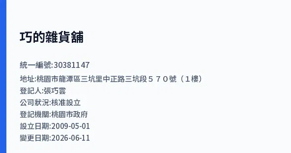 巧的雜貨舖的照片-統編 30381147(桃園市) 公司登記資料與營業項目詳細圖表