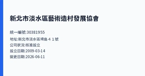 新北市淡水區藝術造村發展協會的照片-統編 30381955(新北市) 公司登記資料與營業項目詳細圖表