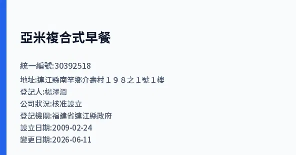 亞米複合式早餐的照片-統編 30392518(連江縣) 公司登記資料與營業項目詳細圖表