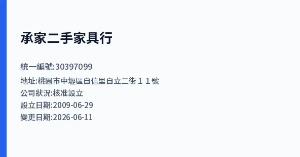 承家二手家具行的照片-統編 30397099(桃園市) 公司登記資料與營業項目詳細圖表