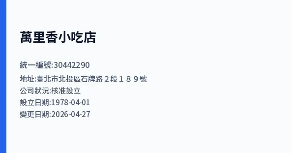 萬里香小吃店的照片-統編 30442290(臺北市) 公司登記資料與營業項目詳細圖表