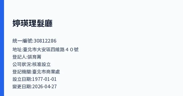 婷瑛理髮廳的照片-統編 30812286(臺北市) 公司登記資料與營業項目詳細圖表