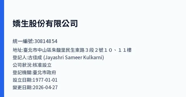 嬌生股份有限公司的照片-統編 30814854(臺北市) 公司登記資料與營業項目詳細圖表
