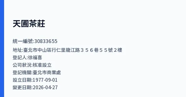 天圃茶莊的照片-統編 30833655(臺北市) 公司登記資料與營業項目詳細圖表