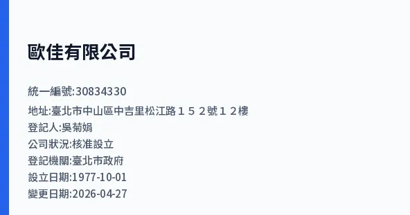 歐佳有限公司的照片-統編 30834330(臺北市) 公司登記資料與營業項目詳細圖表