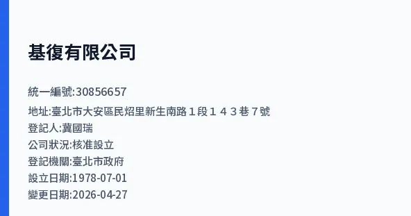 基復有限公司的照片-統編 30856657(臺北市) 公司登記資料與營業項目詳細圖表