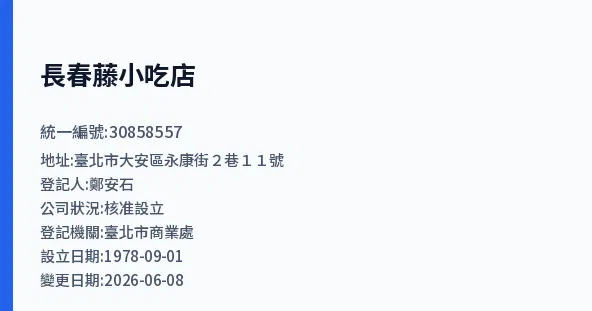 長春藤小吃店的照片-統編 30858557(臺北市) 公司登記資料與營業項目詳細圖表