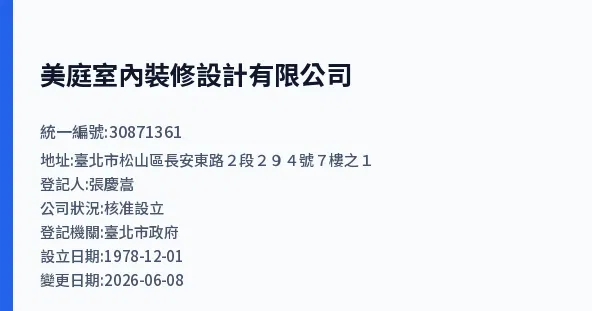 美庭室內裝修設計有限公司的照片-統編 30871361(臺北市) 公司登記資料與營業項目詳細圖表