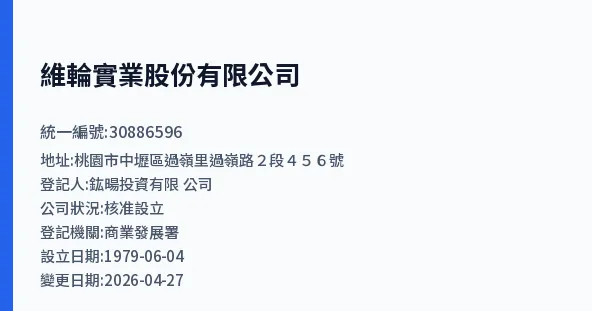 維輪實業股份有限公司的照片-統編 30886596(桃園市) 公司登記資料與營業項目詳細圖表
