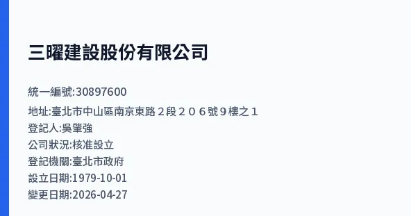三曜建設股份有限公司的照片-統編 30897600(臺北市) 公司登記資料與營業項目詳細圖表