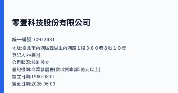 零壹科技股份有限公司的照片-統編 30922431(臺北市) 公司登記資料與營業項目詳細圖表