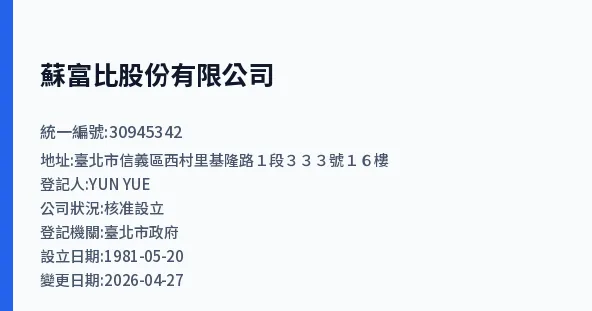 蘇富比股份有限公司的照片-統編 30945342(臺北市) 公司登記資料與營業項目詳細圖表