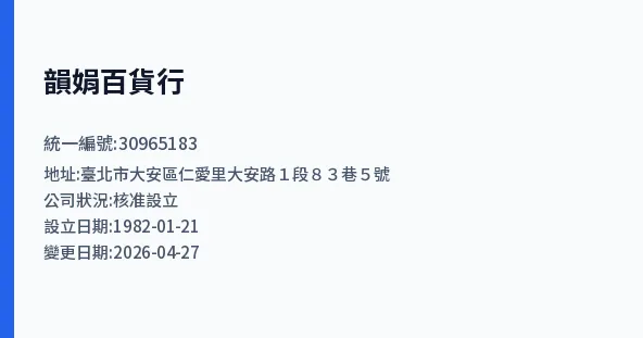 韻娟百貨行的照片-統編 30965183(臺北市) 公司登記資料與營業項目詳細圖表