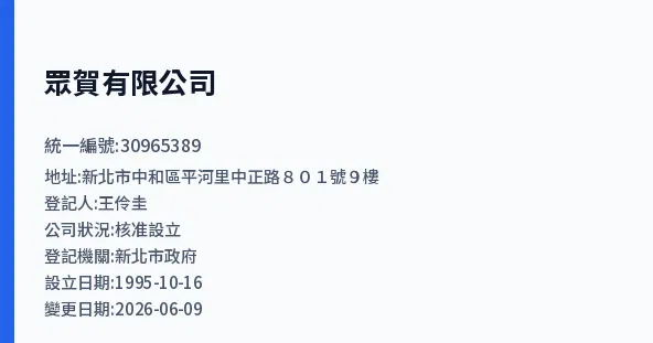 眾賀有限公司的照片-統編 30965389(新北市) 公司登記資料與營業項目詳細圖表