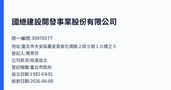國總建設開發事業股份有限公司的照片-統編 30970377(臺北市) 公司登記資料與營業項目詳細圖表