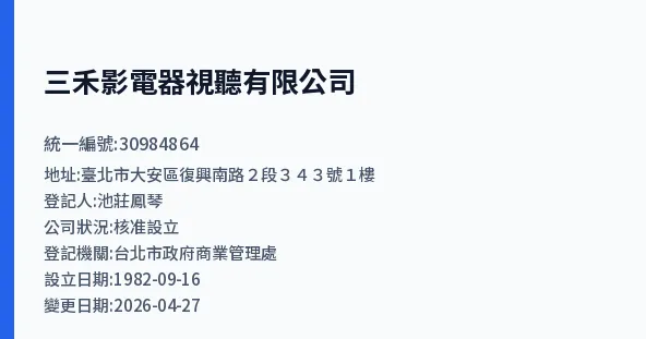三禾影電器視聽有限公司的照片-統編 30984864(臺北市) 公司登記資料與營業項目詳細圖表