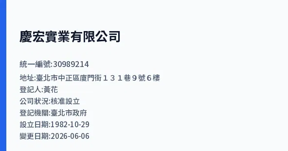 慶宏實業有限公司的照片-統編 30989214(臺北市) 公司登記資料與營業項目詳細圖表
