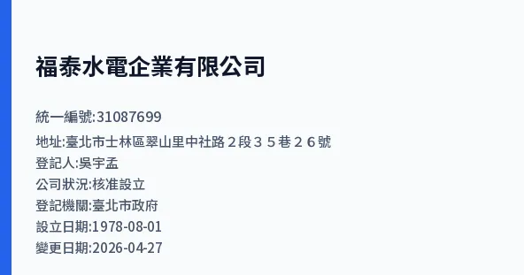 福泰水電企業有限公司的照片-統編 31087699(臺北市) 公司登記資料與營業項目詳細圖表