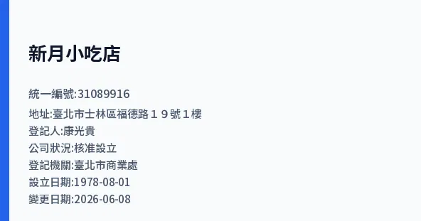 新月小吃店的照片-統編 31089916(臺北市) 公司登記資料與營業項目詳細圖表