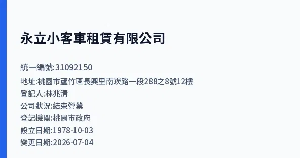 永立小客車租賃有限公司的照片-統編 31092150(桃園市) 公司登記資料與營業項目詳細圖表