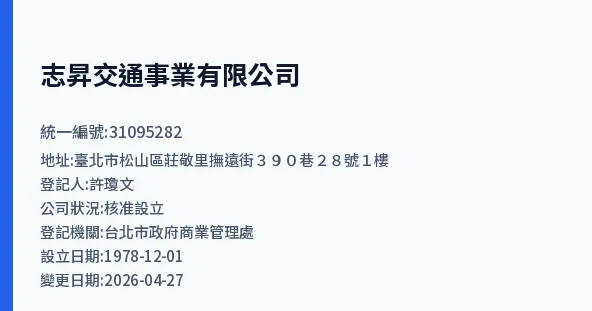 志昇交通事業有限公司的照片-統編 31095282(臺北市) 公司登記資料與營業項目詳細圖表