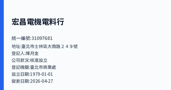 宏昌電機電料行的照片-統編 31097681(臺北市) 公司登記資料與營業項目詳細圖表