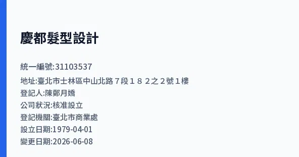 慶都髮型設計的照片-統編 31103537(臺北市) 公司登記資料與營業項目詳細圖表